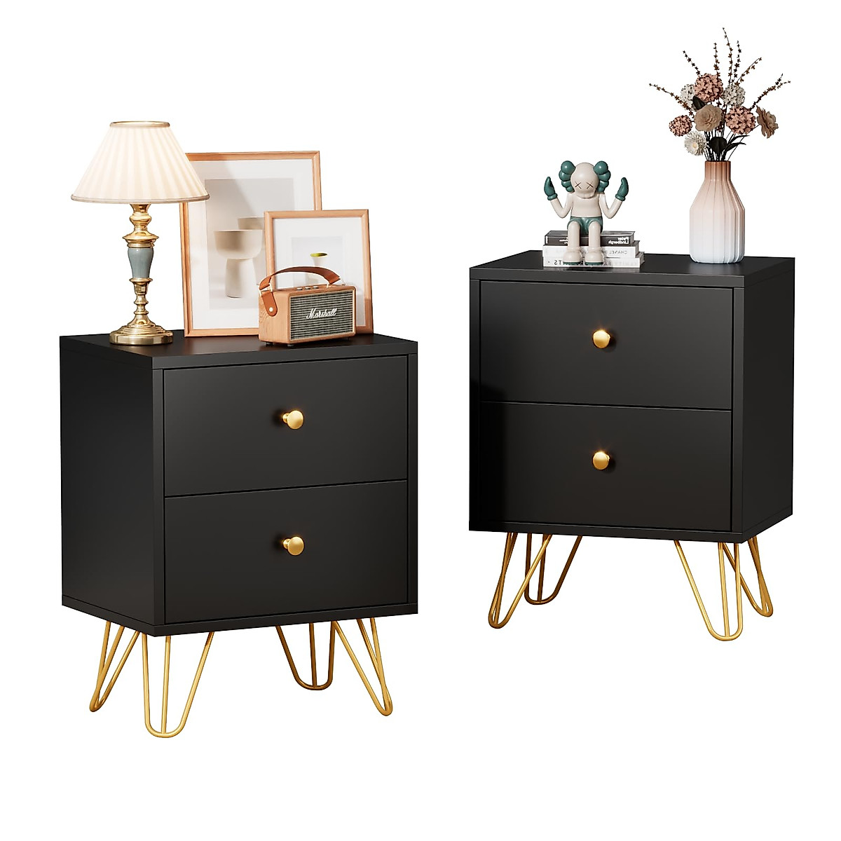 Tradare Black Nightstand Set of 2, Black and Gold Night Stand with 2 Drawers, Modern End Table with Metal Legs and Gold Handles, Bedside Table for Bedroom, Hallway