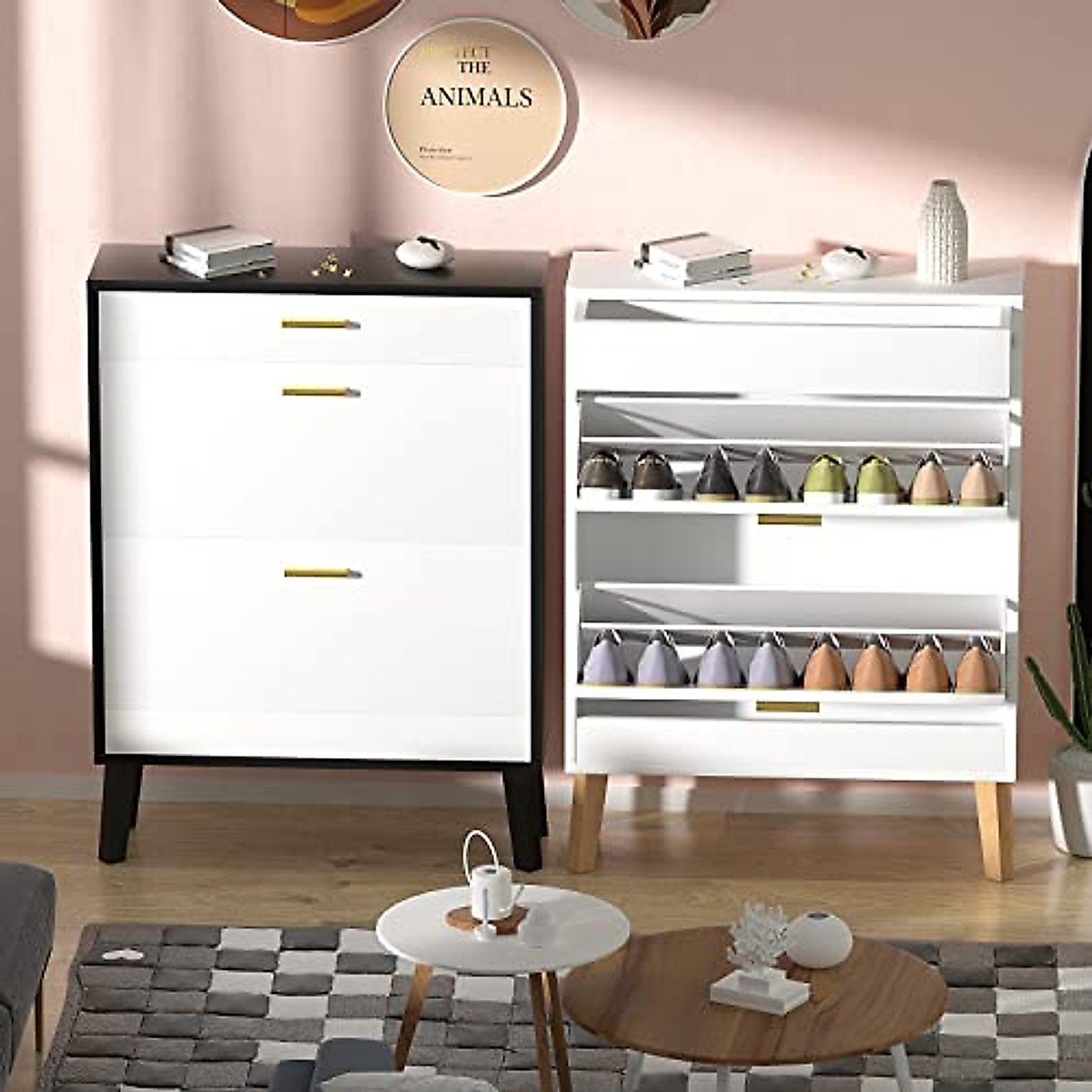 Visionwards Shoe Cabinet, Free Standing Shoe Storage Cabinet, Tipping Bucket Shoe Cabinets with 2 Flip Drawers, Hidden Narrow Shoe Rack Cabinet Storage Organizer for Entryway, Black