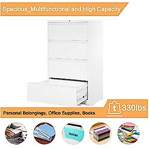 Aobabo 4 Drawer Lateral Steel File Organizing Cabinet with Locking System and Adjustable Hanging Bars for Letter/Legal Size Paper, White