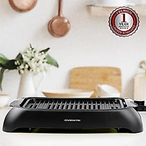 OVENTE Indoor Electric BBQ Grill with Non-stick Grilling Plate, Adjustable Temperature Control, Easy to Clean Cooking Surface and Removable Drip Tray, Perfect for Small House Party, Black GD1632NLB
