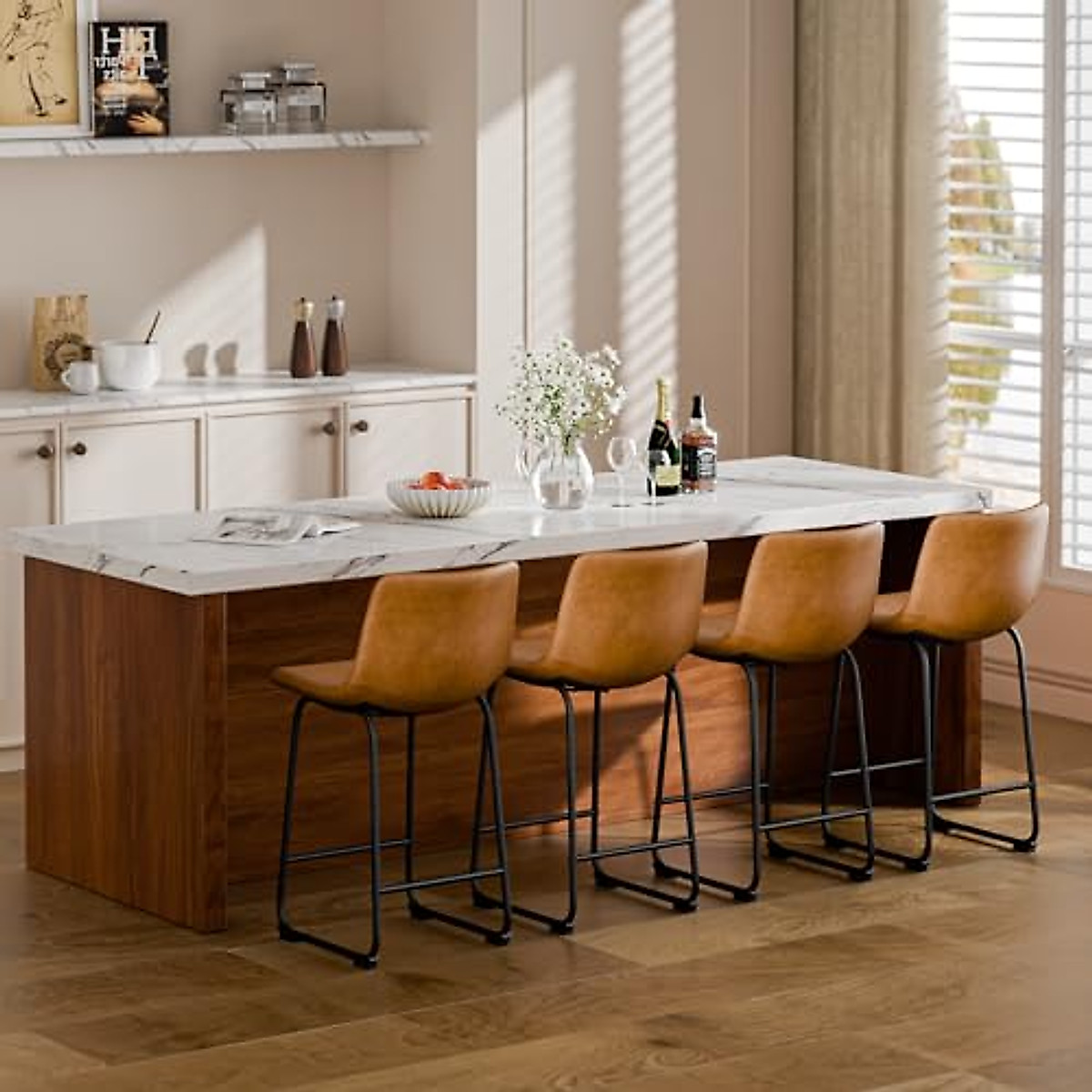 Aowos Bar Stools Set of 4, Modern Counter Height Bar Stools with Back, 26 inch Faux Leather Bar Stools with Metal Legs and Footrest, Urban Armless Dining Chairs for Kitchens Island (Brown)