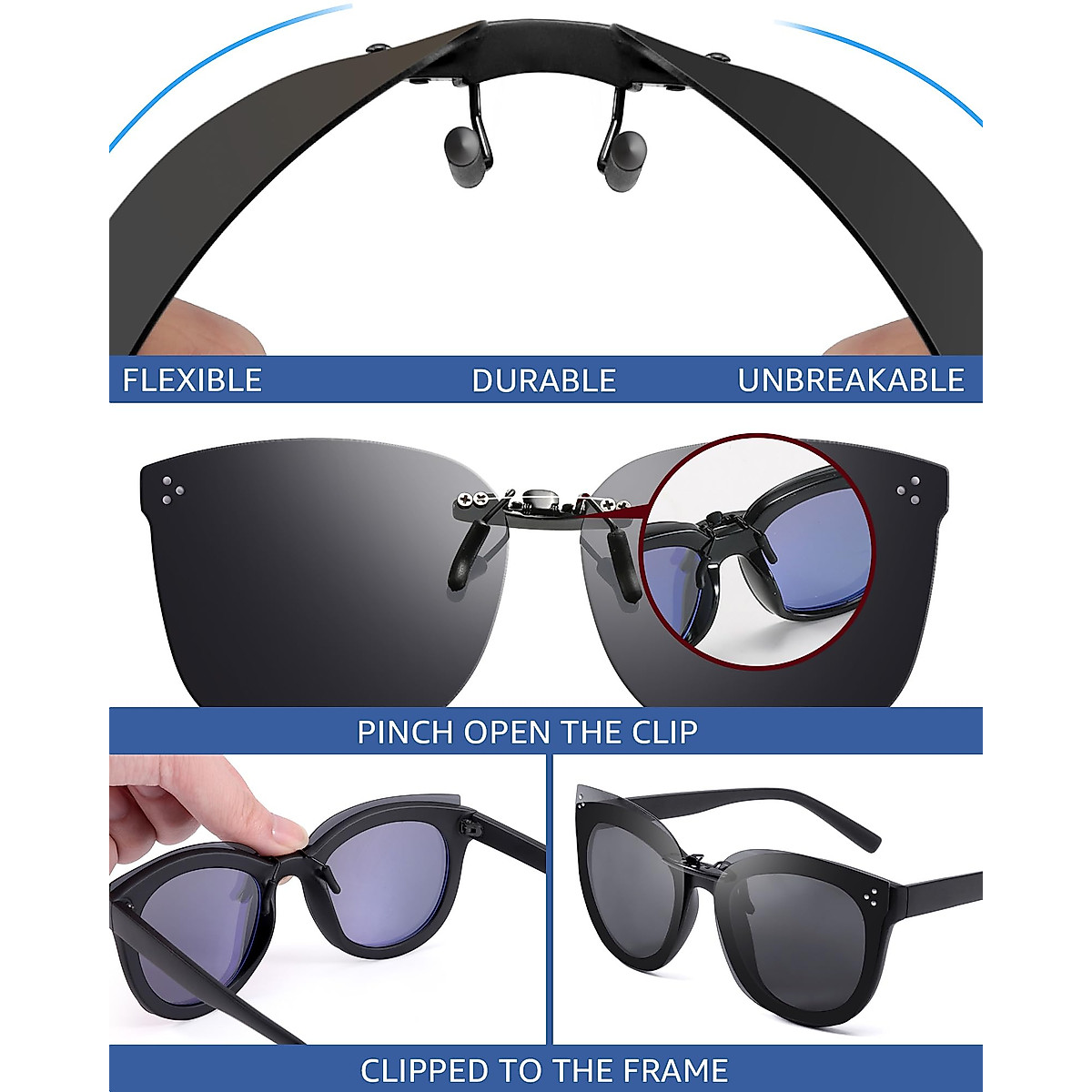 Xfeel Black Polarized Clip On Sunglasses Over Prescription Glasses for Women Men, Fit Over Eyeglasses Trendy Shades