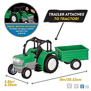 Driven by Battat – Micro 1:24 Scale – Tractor Toy – Farm Toy Vehicle with Detachable Trailer – Realistic Light & Sound – Gift Toy for Kids Age 3+