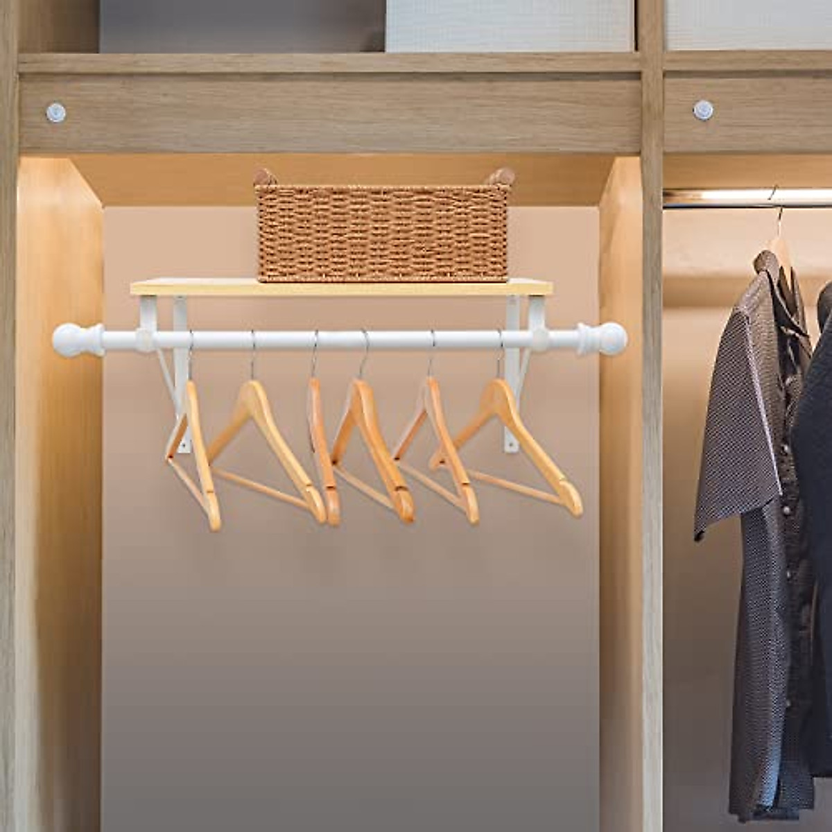 Closet Rod Brackets with 32" Rod, Heavy Duty Closet Shelf Brackets with Rod Holder for Shelf Storage and Hanging Clothes, 2 Pack Wall Mount Closet Pole Supports Bracket, White