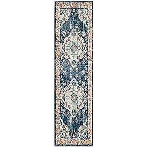 SAFAVIEH Monaco Collection Runner Rug - 2'2" x 12', Navy & Light Blue, Boho Chic Medallion Distressed Design, Non-Shedding & Easy Care, Ideal for High Traffic Areas in Living Room, Bedroom (MNC243N)