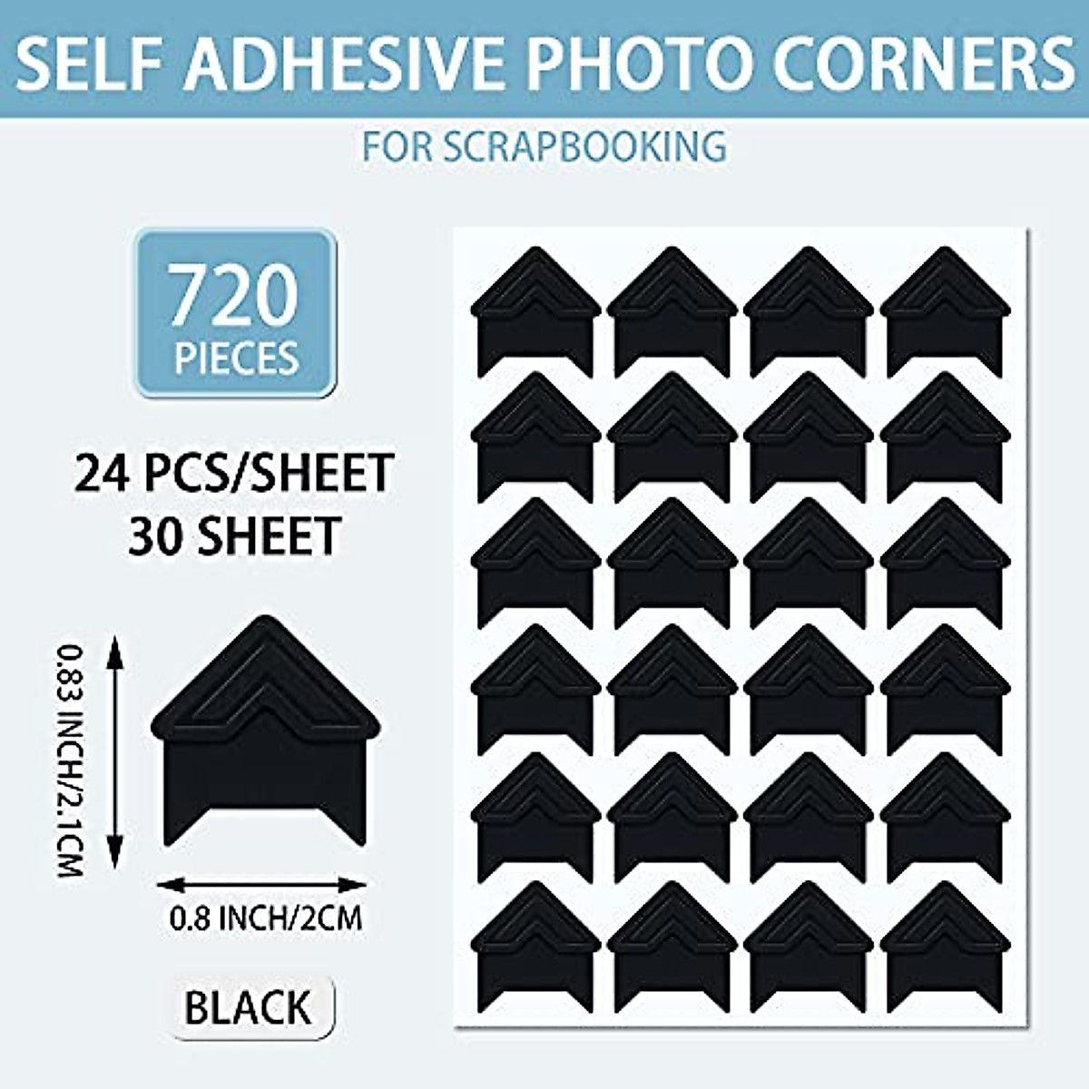 Pajean 720 Pieces Photo Corners Self Adhesive Black Photo Corners for Scrapbooking and Stamping Supplies DIY Scrapbook Stickers Album Diary Personal Journal Diary Organizer (Black)
