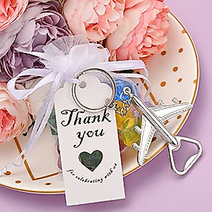 50Pcs Airplane Bottle Openers with Keychain & Keyrings for Wedding Favors, Bridal Shower Gifts for Guests or to make flight attendant gifts for a trip，Include White Sheer Favor Bag Thank You Card