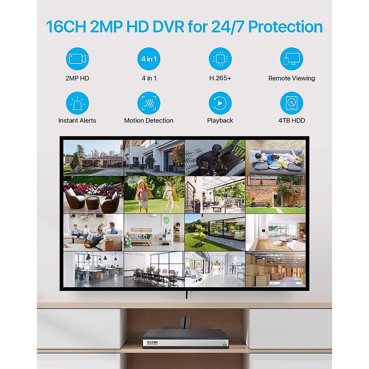 ZOSI H.265+ 1080p 16 Channel Home Security Camera System, 16CH DVR with AI Human Vehicle Detect, 12 x 1080p Surveillance Camera Outdoor, 120ft Night Vision, 105°Wide Angle, Remote Access, 4TB HDD