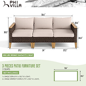 PHI VILLA Oversized 3-Seater Patio Couch Outdoor Wicker Patio Furniture Sofa Set for 3 People Conversation Rattan Sofa Set Outdoor Garden