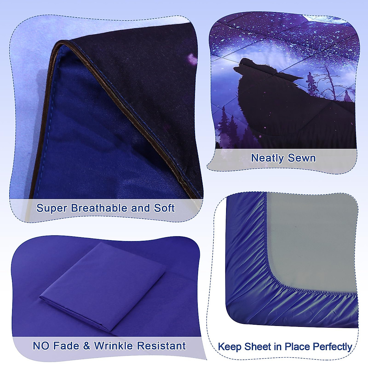 Wowelife Wolf Comforter Set Bedding Set Twin Blue 5 Pieces Forest Bedding Set Wolf Bed Set Twin Kids Bed in a Bag for Boys and Girls with Sheet Sets, Super Breathable Soft