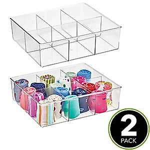 mDesign Plastic 6 Compartment Dresser Drawer Divided Organizer Bin for Scarves, Socks, Bras, Hair Ties, Belts, Underwear - Closet Shelf Storage Organization, Lumiere Collection, 2 Pack, Clear