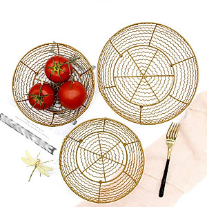 Zerodeko Decorative Storage Baskets Iron Fruit Basket Vegetable Bowl Holder Dish Washing Storage Basket Decorative Bread Snack Stand Tray Organizer for Room Kitchen Cabinet Pantry S Golden