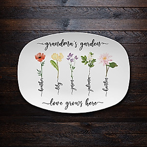 Camcam Custom Birth Month Flowers Platter Mother's Day Gift Personalized Grandma's Garden Plate Grandparent From Grandkids Large Serving Trays Plates for Fish Dish, Steak, 10x14''