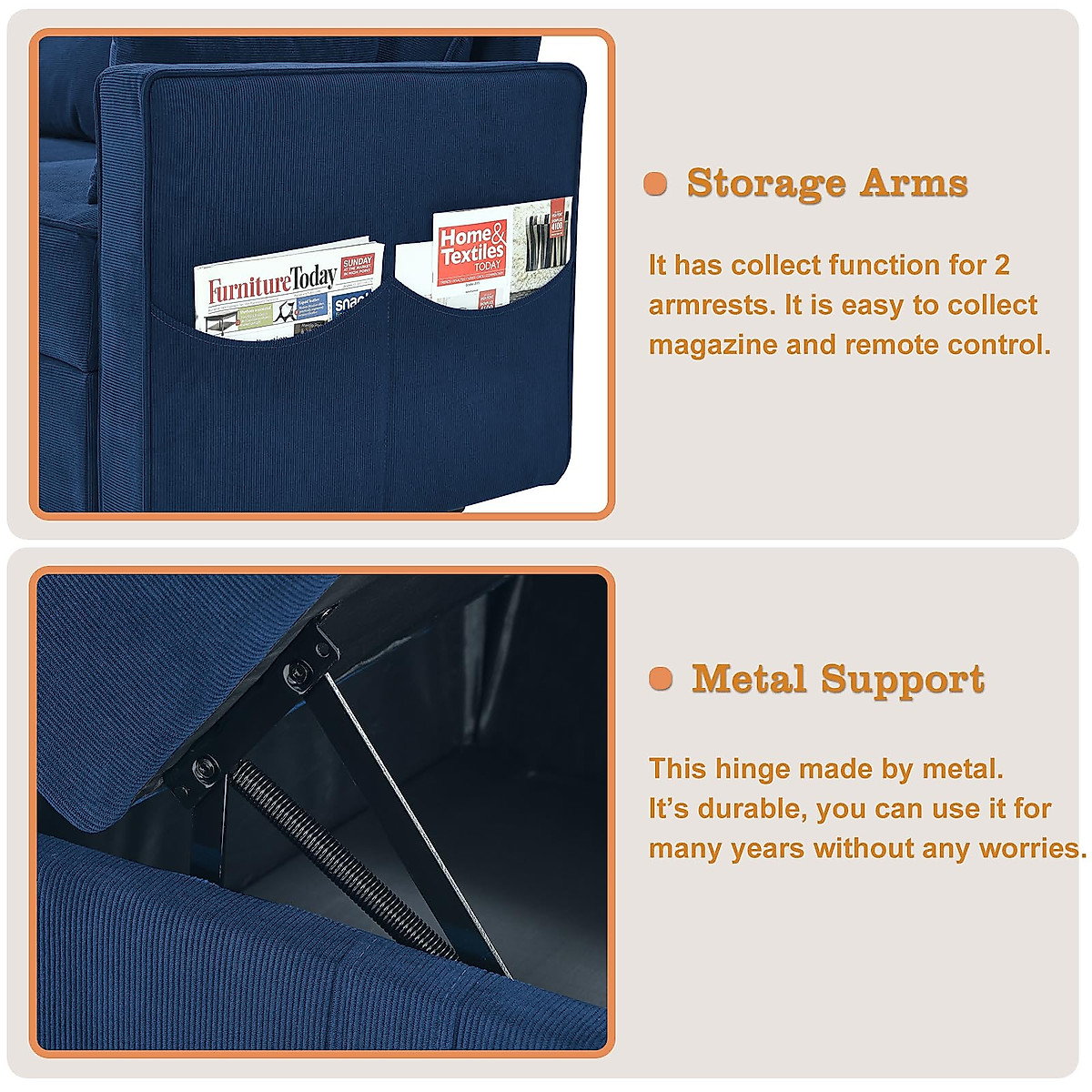 WinJoy 138 Inches 9 Seats Corduroy Storage Modular Sofa, U-Shaped Navy Blue Sectional Sofa with Ottomans for Living Room, Luxury Modular Couch Bed