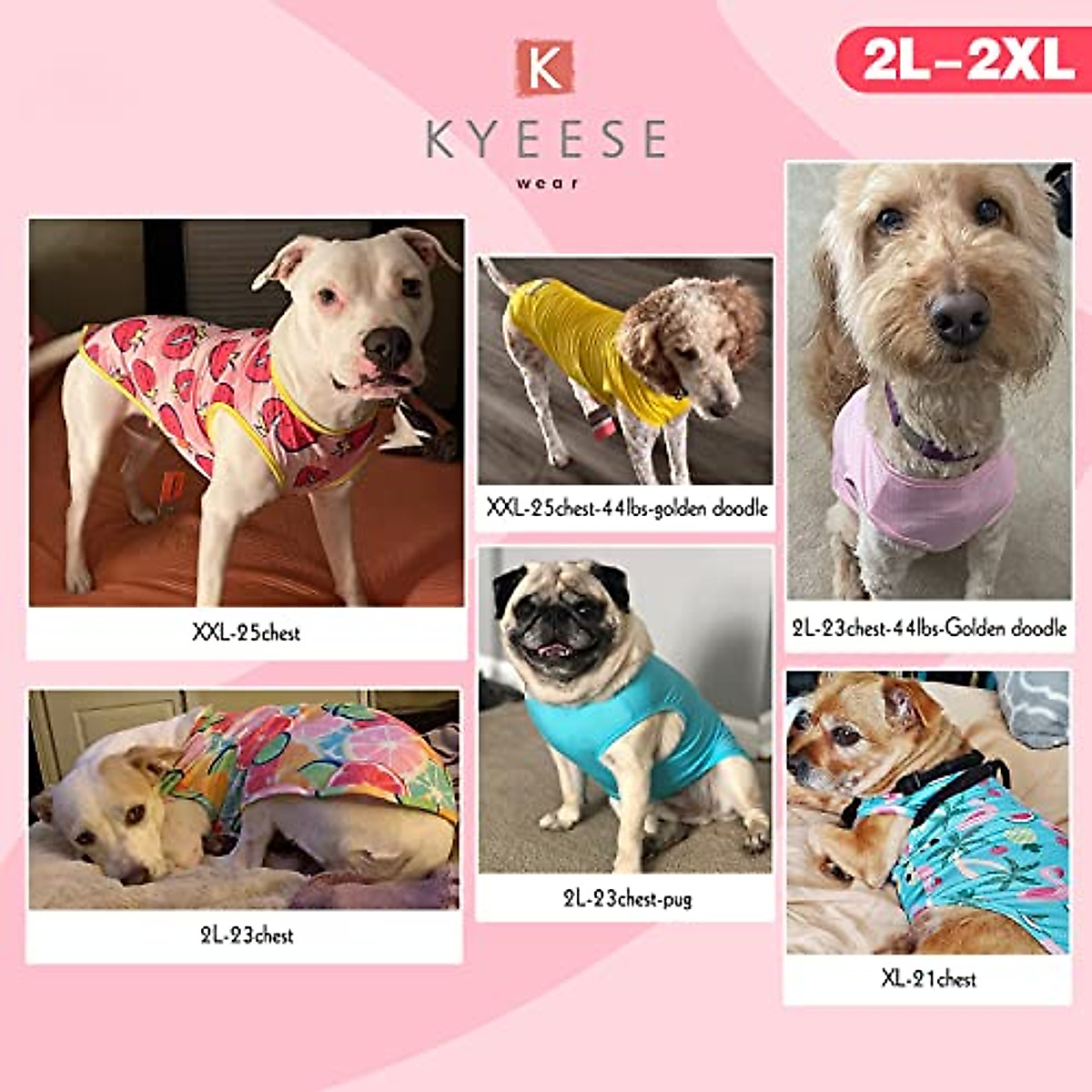 KYEESE 2 Pack Dog Shirt for Medium Dogs Breathable Lightweight Dog T-Shirts with Reflective Label Tank Top Great for Summer Sleeveless Vest Dog Apparel Strawberry Pattern, 2L, Strawberry+Rose
