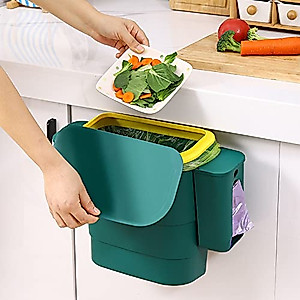 Hanging Trash Can with Lid, Kitchen Trash Can Plastic Wall Mounted Folding Waste Bin Garbage Container for Kitchen, Car, Bathroom, (Green Black)