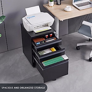 RIDFY Rolling File Cabinet with Lock, 3-Drawer Office Storage Filing Cabinet for Letter Size, Steel Metal Filing Cabinet for Home Office,Lateral File Cabinet for Place The Printer,Black