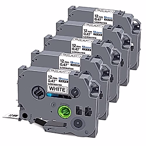 Unismar Tze 12mm 0.47 Laminated White Compatible for Brother TZe-231 TZ231 1/2'' Label Tape for Ptouch PT-D220 Ptd210 Pth110 Pth100 Ptd600 Ptd400 Ptd200, Black on White, 1/2'' x 26.2', 5 Pack