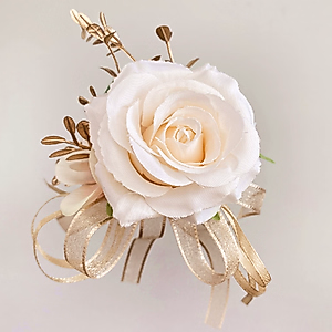 YOKOKE 2 Corsages, Handmade Artificial Peony Rose Wrist Corsage Wristlet Wedding Prom Suit Decorations (2 Gold Wrist Corsage)