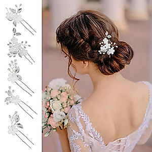 Yolev 5Pcs Peal Flower Hair Pins Bridal Hair Pins Pearl Hair Flower Pins Silver Wedding Hair Pieces Hair Accessories for Women Girls
