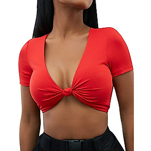 Mizoci Women's Sexy Knot Front Crop Top Deep V Neck Short Sleeve Basic Casual T Shirt,Medium,Red