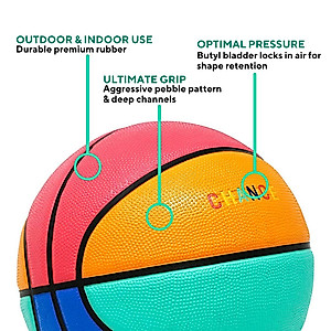 Chance Premium Rubber Outdoor/Indoor Basketball (5 Kids & Youth - 27.5", Juicy - Multi-Color) Standly The Ball Stand