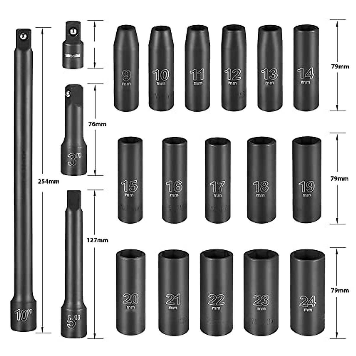 Vistreck 1/2 '' Impact Socket Set, 20 Piece 6 Point Impact Set, Metric Sizes (9-24mm) Socket Set with 3" 5" 10" Impact Extension Bar, 1/2" Adapter, CR-V Steel, Deep Socket Set 1/2 Drive