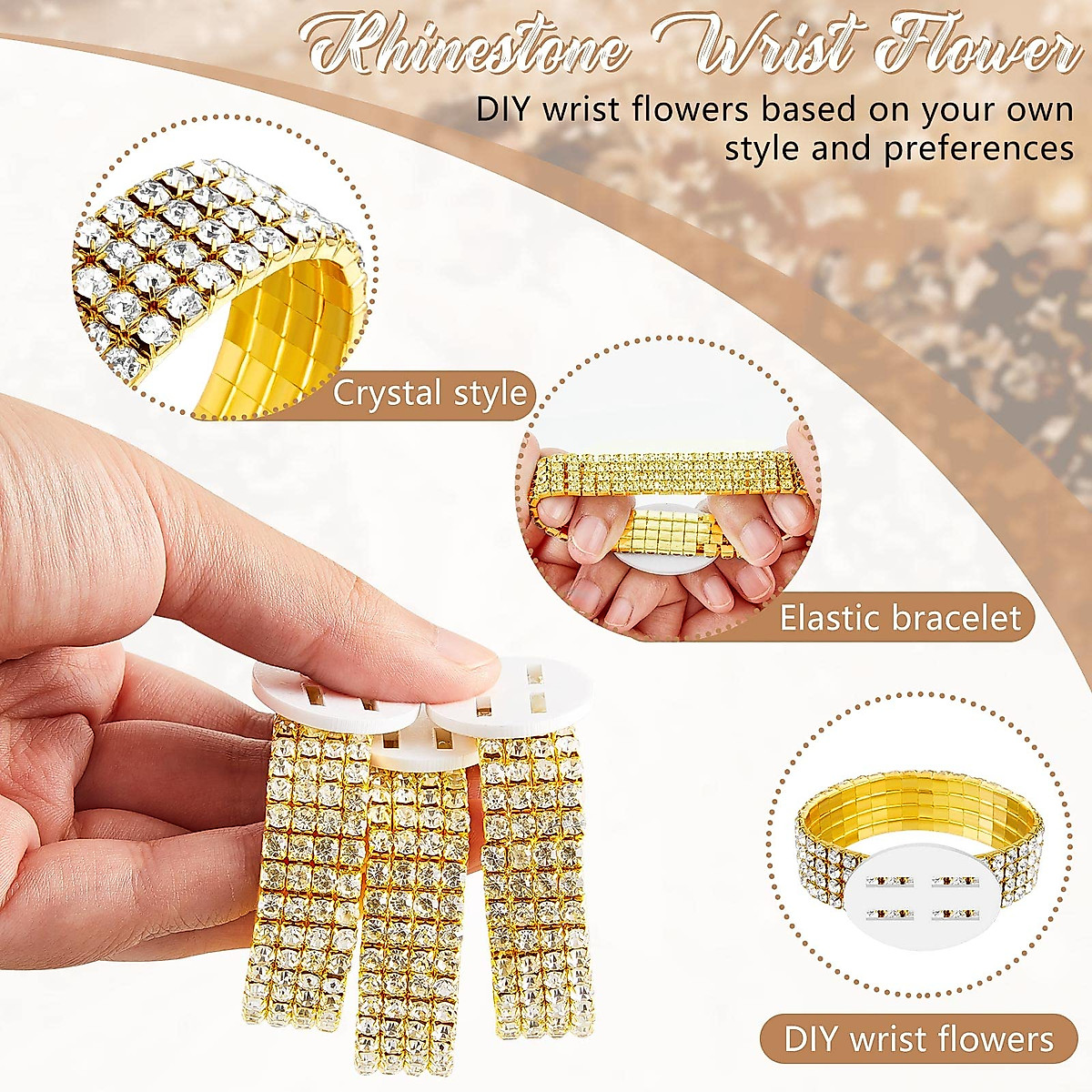 Junkin 6 Packs Corsage Bracelet Wrist Corsage Rhinestone Elastic DIY Wrist Rhinestone Bracelet Accessories for Wedding Decor Prom Ceremony Anniversary Bridal Shower Party(Gold)