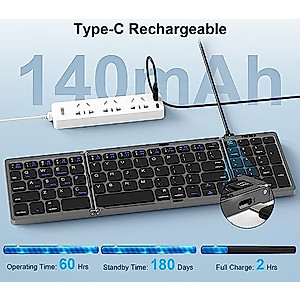 MoKo Foldable Bluetooth Keyboard, Multi-Device Folding Wireless Keyboard with Number Pad, Portable Keyboard for Laptop Tablet Phone, USB-C Rechargeable Travel Keyboard for Windows iOS Android, Gray