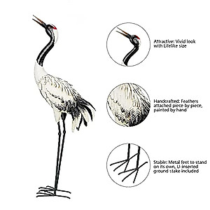 chisheen Garden Crane Statues Outdoor Heron Red Crowned Crane Metal Yard Art Sculpture,Set of 2