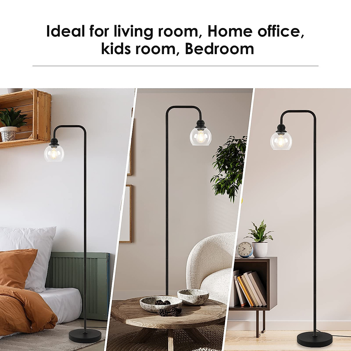 Modern LED Floor Lamp, Industrial Floor Lamps with Hanging Clear Glass Shade, Black Classic Reading Tall Lamp for Office, Standing Lamps for Living Room Study Room Bedroom Farmhouse(Bulb Incl.)