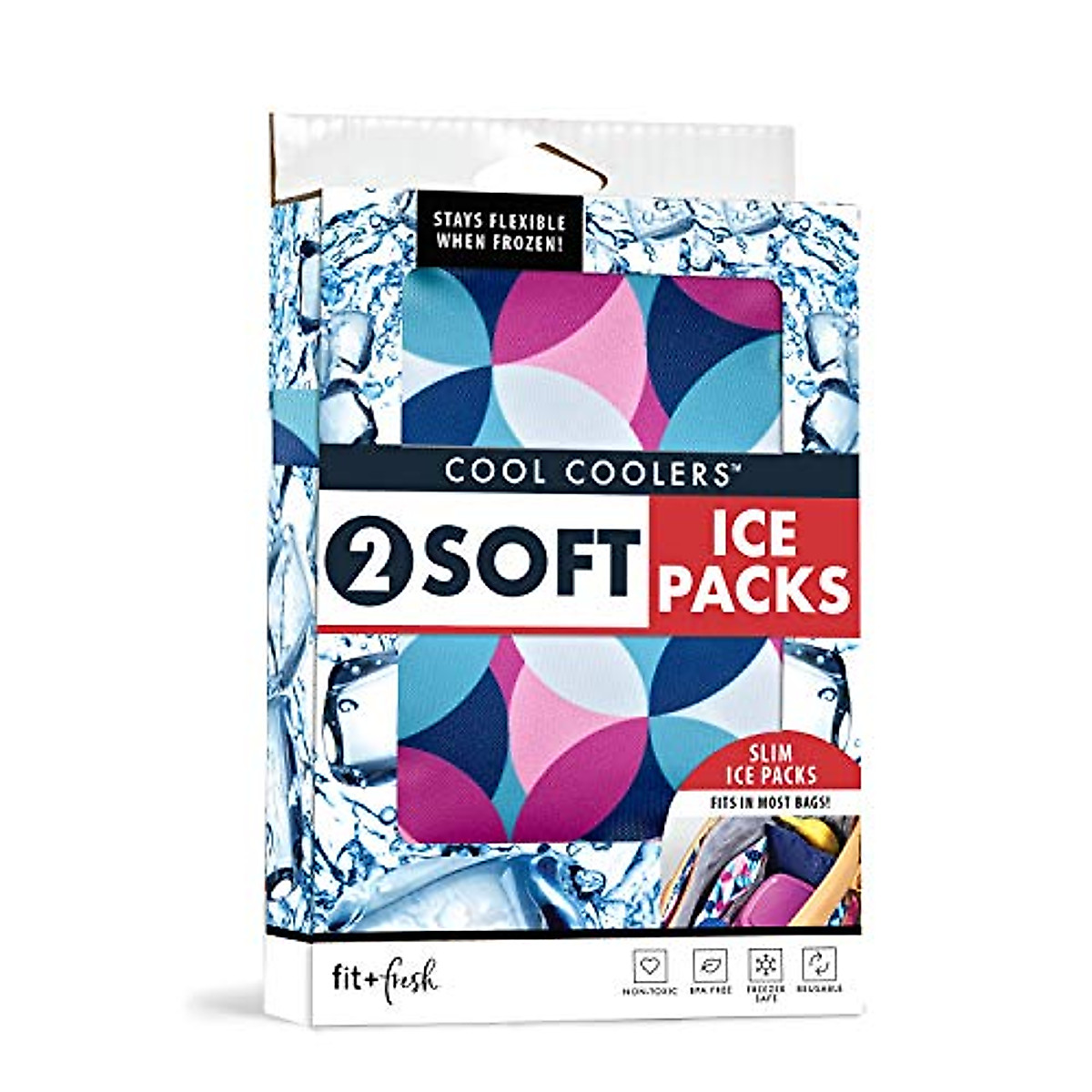 Cool Coolers by Fit + Fresh, Reusable Soft Ice Packs, 2PK, Berry Geo & Navy & by Fit + Fresh, Reusable & Flexible Soft Ice Packs, Perfect for Insulated Lunch Bag,2PK, Aqua Tie Dye