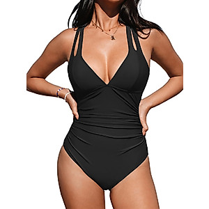 CUPSHE Women One Piece Swimsuit Deep V Neck Tummy Control Double Straps S Black