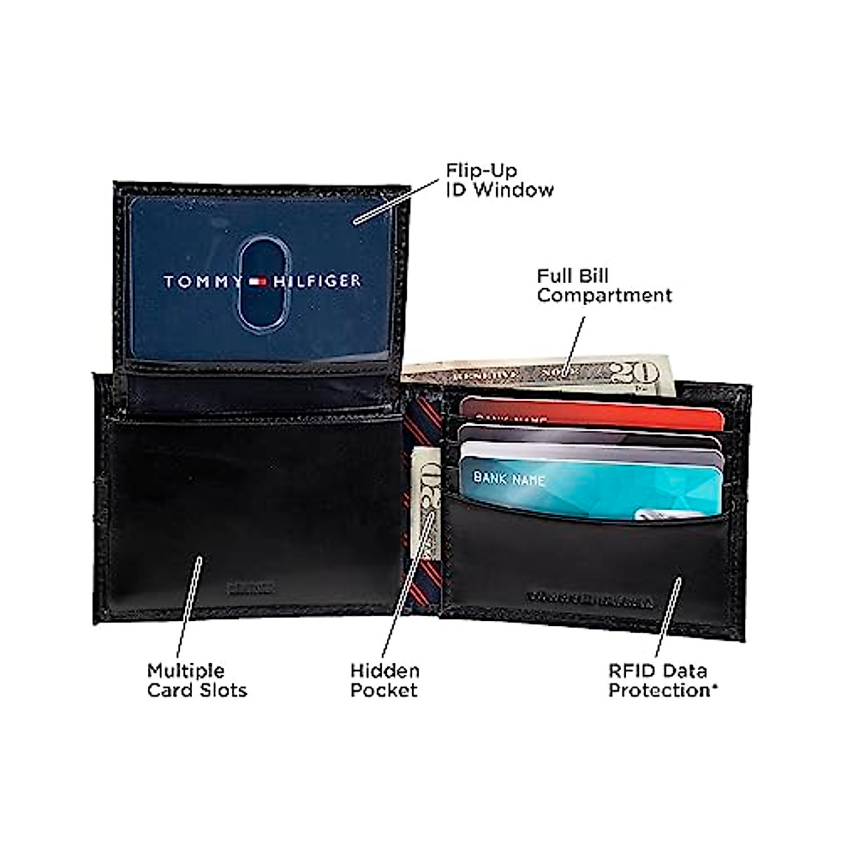Tommy Hilfiger Men's Leather Wallet - Thin Sleek Casual Bifold with 6 Credit Card Pockets and Removable ID Window, Black