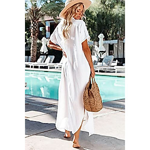 Dokotoo Womens Summer Beach Button Down Kimonos Long Cardigan Short Sleeve Side Split Casual Solid Loose Fit Bathing Suit Swimsuit Cover Ups for Women White Small