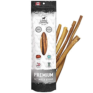 Canine Cravers Maplewood Smoked Bully Sticks 12” Inch - 100% Natural Free Range Grass Fed Beef - Made in Canada Odor-Reduced Long Lasting, Rawhide Free Dog Chews High Protein Low Fat Dental Care