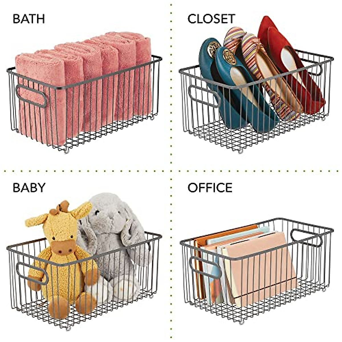 mDesign Metal Farmhouse Kitchen Pantry Food Storage Organizer Basket Bin, Wire Grid Design - for Cabinets, Cupboards, Shelves, Countertops - Holds Potatoes, Onions, Fruit, Extra Large - Graphite Gray