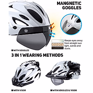 LAMONKE Bike Helmet with USB Rechargeable LED Light Detachable Goggles and Sun Visor, Mountain & Road Bicycle Helmets for Men Women Adult Cycling Helmets
