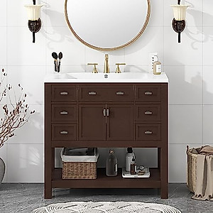 VKKILPEE 36'' Freestanding Bathroom Vanity Set Bathroom Vanity with Top Sink, Bath Vanity Storage Cabinet with 6 Drawers & 2 Soft Closing Doors, Modern Bathroom Vanity and Sink Combo, Brown