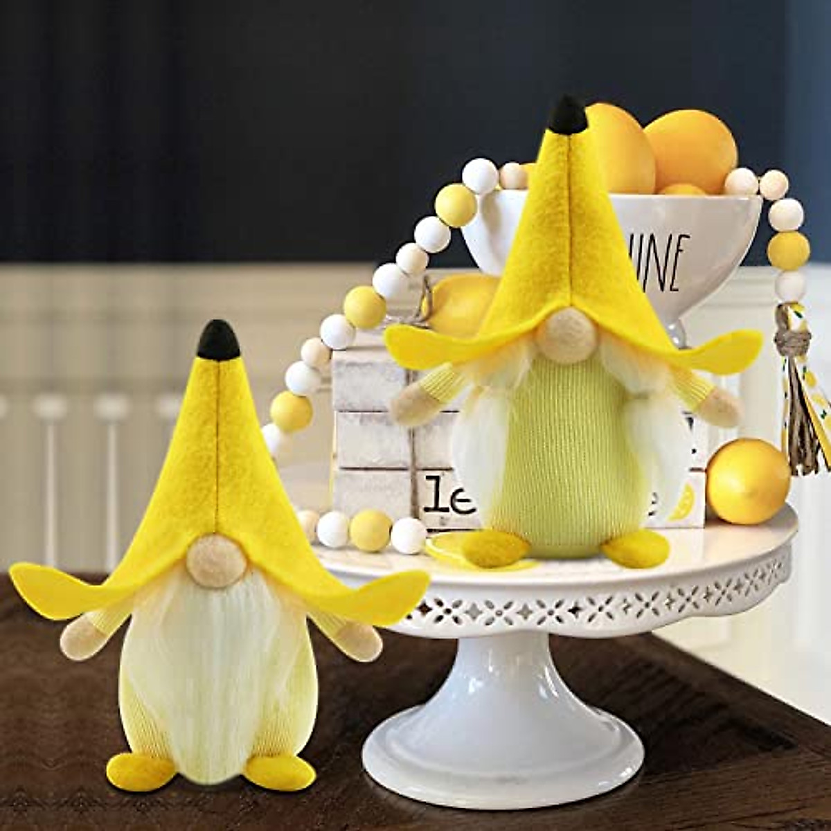 Godeufe Set of 2 Summer Gnomes Plush Banana Spring Decorations Gift Fresh Fruit Handmade Elf Dwarf Figurines for Home Farmhouse Tiered Tray Holiday Festival Party Scandinavian Tomte (Banana)