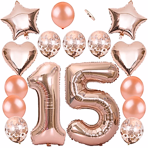 Ceqiny 40" 15th Number Balloon Mylar Balloon 18” Star Heart Foil Balloon 12” Sequins Latex Balloon for Birthday Party Wedding Bridal Shower Photo Shoot Anniversary Decor, Rose Gold 15 Balloon Kit
