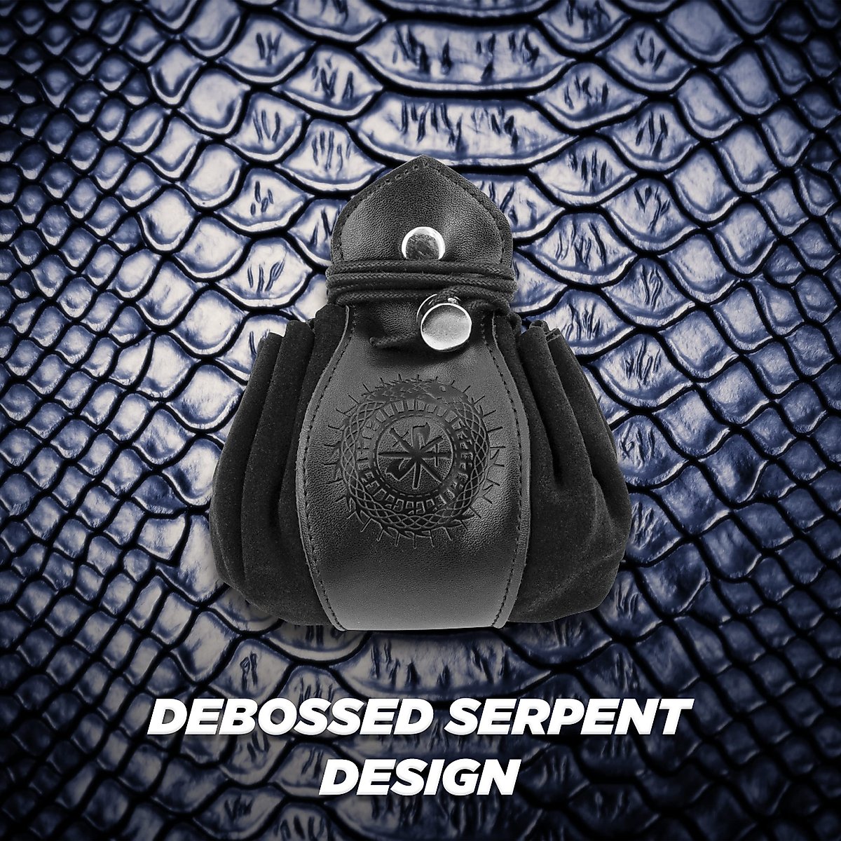 CASEMATIX Leather Dice Bag and Dice Rolling Tray for 50+ RPG Dice - Black DND Dice Bag Leather Drawstring Pouch with Non-Scratch Fabrics, Metal Hardware and Debossed Serpent Design
