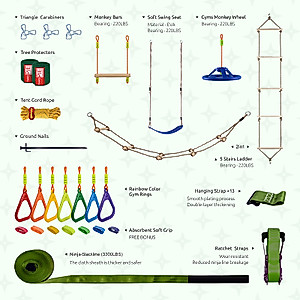 HAPPYPIE Ninja Warrior Obstacle Course Training Equipment for Kids, 46 FT Slackline with 11 Obstacles, Gymnastics Set Including Monkey Bars Zipline Swing Ninja Slackline for Backyard Boys Girls Age 6+