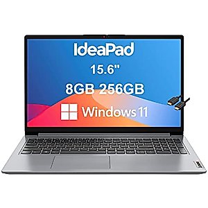 Lenovo IdeaPad 1 15.6" Home & Business Laptop (AMD Athlon 3050U, 8GB RAM, 256GB SSD) Anti-Glare, Webcam, Wi-Fi 6, HDMI, Type-C, 10-Hour Long Battery, IST Computers Cable, Win 11 Home – 2023 Model