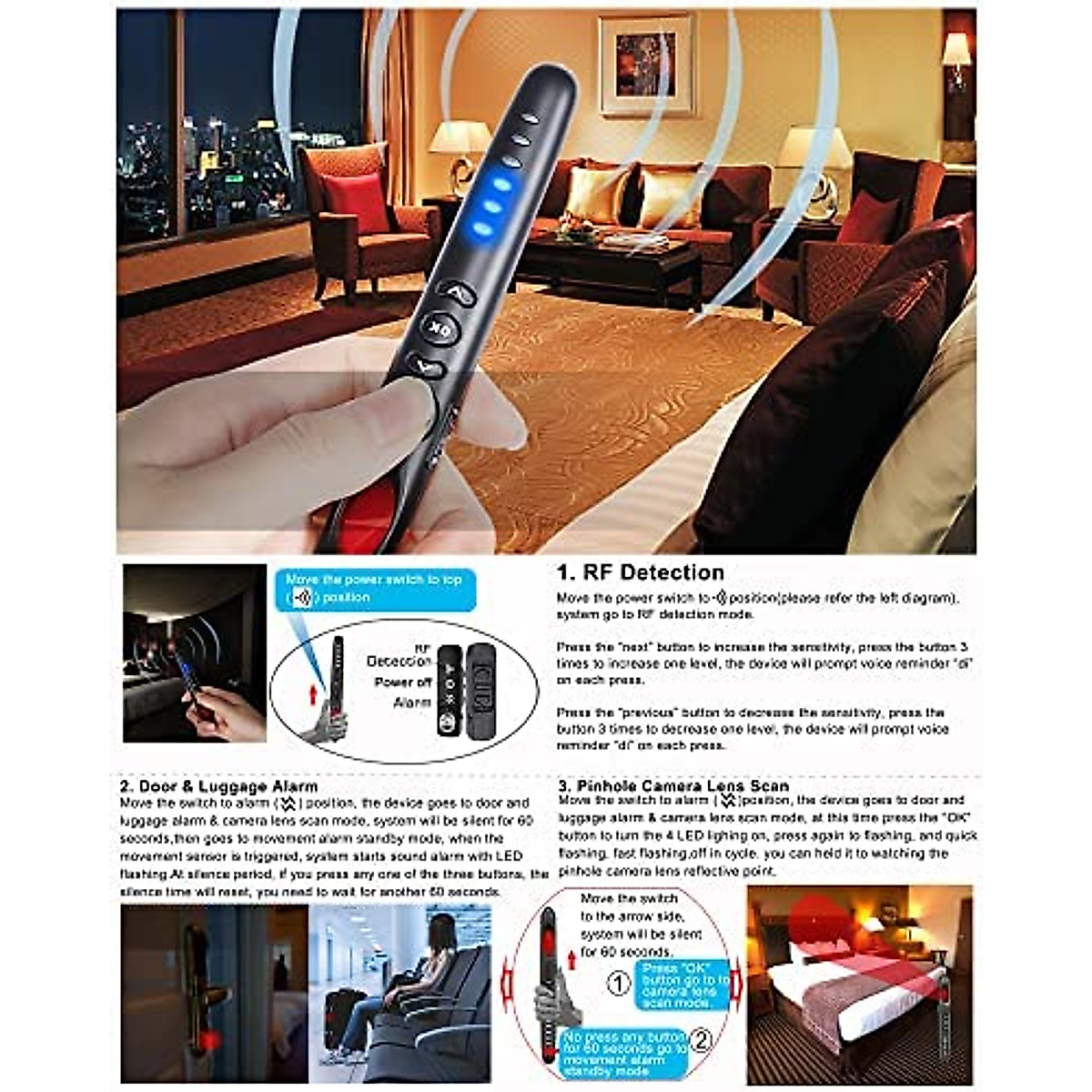 Hidden Camera Detector,Anti-spy Wireless WiFi Camera Scanner Hidden Camera Lens Finder + Door Open & Luggage Movement Alarm,3 Modes, 40 Hours Working Time