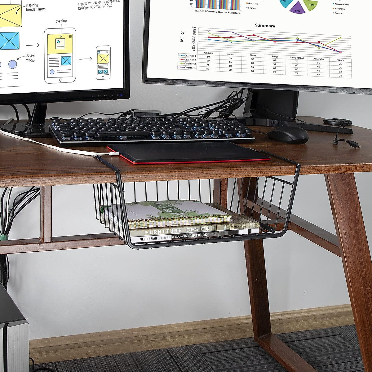 Undershelf Storage Basket Under Shelf Wire Basket Household Metal Under Shelf Hanging Storage Bin Basket Slides Under Shelves for Storage Space Saving for Kitchen Pantry Bookshelf (Medium, 2 PCS)