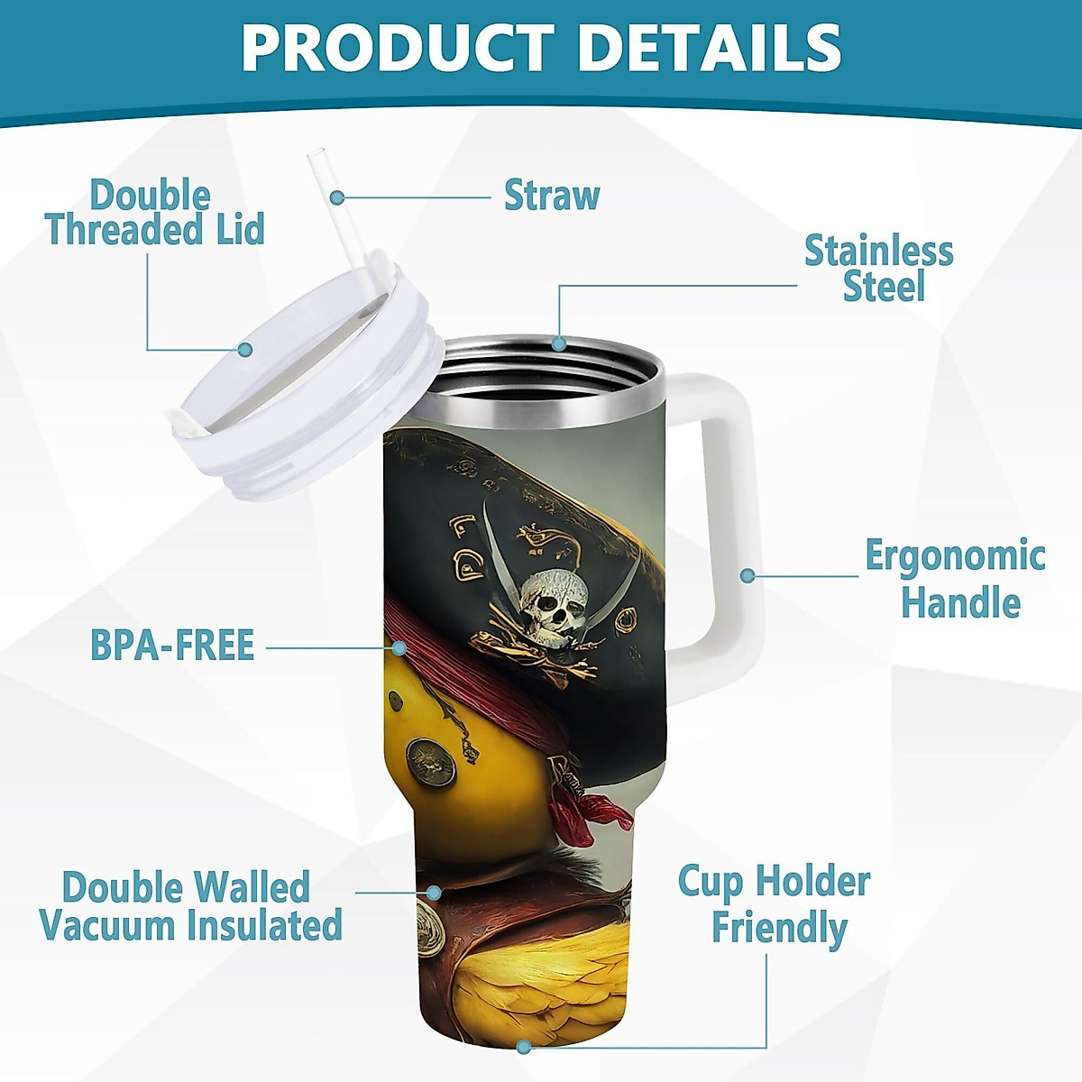 Exnundod 40 oz Tumbler with Handle Pirate Rubber Duck Insulated Stainless Steel Cup with Lid and Straw Travel Cup Leak-proof Fits in Car Cup Holder for Iced & Hot