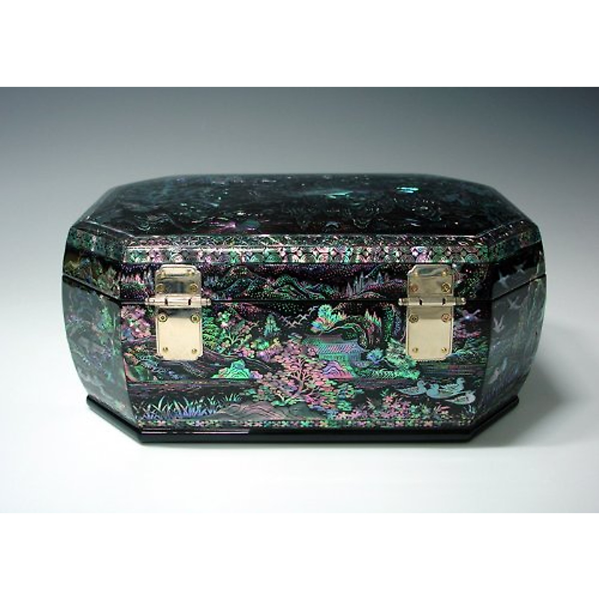 Mother of Pearl Inlaid Landscape Design Lacquered Black Octagonal Luxury Wooden Asian Handcrafted Jewelry Trinket Keepsake Treasure Box Case Chest Organizer