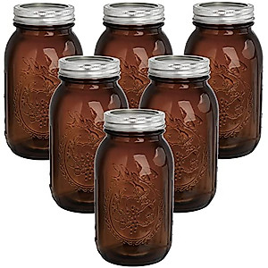 Tebery 6 Pack Amber Regular Mouth Quart Mason Jars, 32oz Canning Glass Jars with Airtight lids and Bands