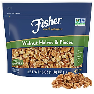 Fisher Chef's Naturals Walnut Halves & Pieces 16 oz, 100% California Unsalted Walnuts for Baking & Cooking, Topping, Resealable Bag, Great with Yogurt & Cereal, Vegan Protein, Keto Snack 1 Pack